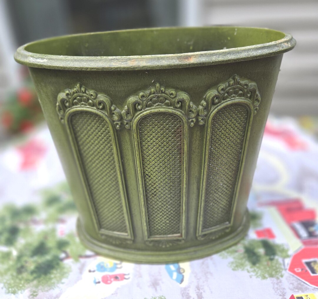 Vintage Embossed Molded Hard Plastic Green Wastebasket Trash Can Retro ...