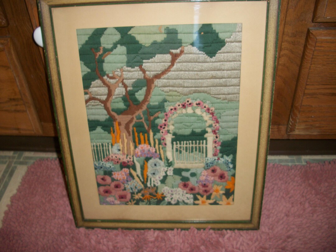 Vintage Antique Crewel Embroidery Garden Outdoor Landscape Picture - Etsy