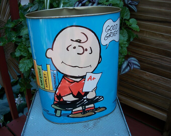Vintage Beautiful Cheinco Peanuts Metal Waste Basket Wastebasket Trash ...