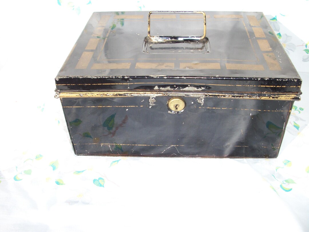 Vintage Mid Century Metal Bank Cash Stash Box Black With Gold Trim - Etsy