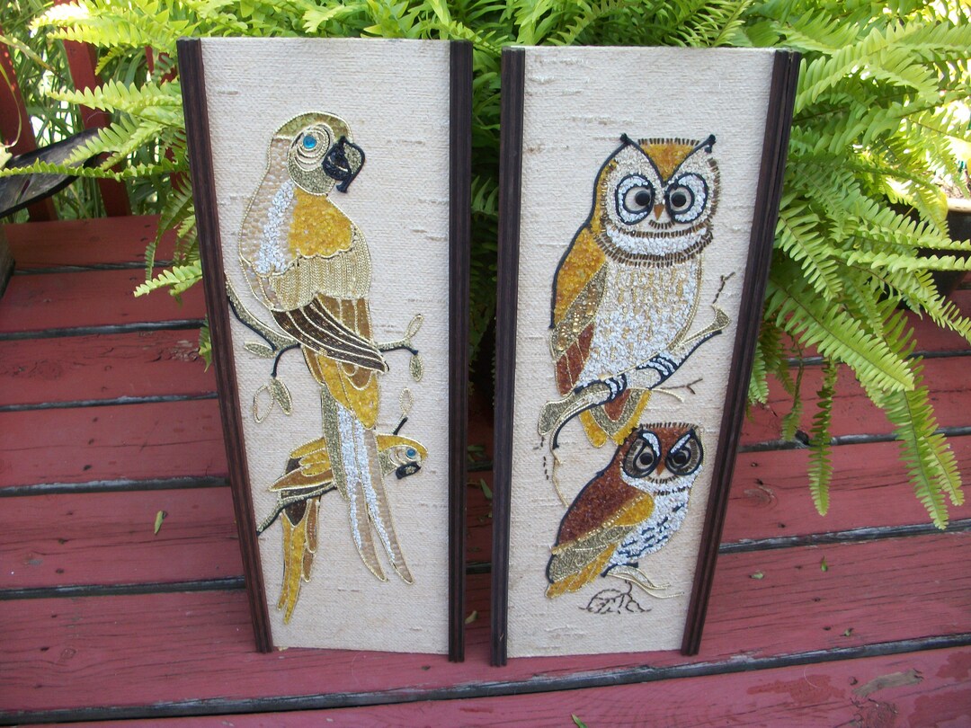 Vintage Gravel Art Bird Set of 2 1960's MCM Decor Wall Art Mixed Media ...
