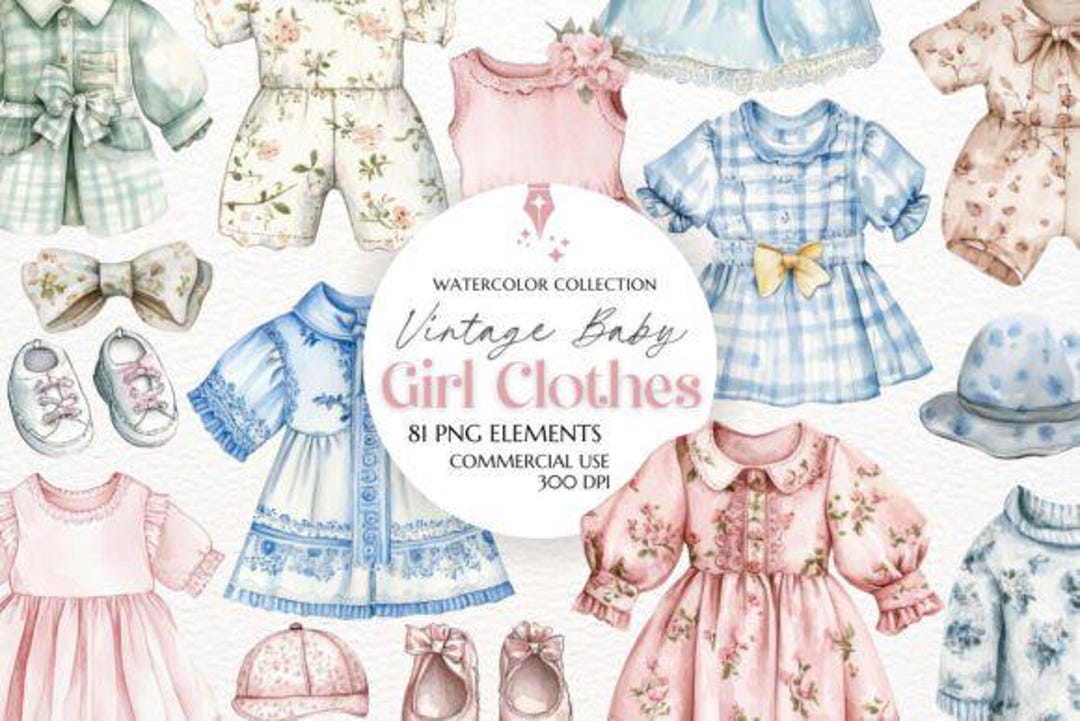 Vintage Baby Girl Clothes Clipart – 81 PNG Elements – Watercolor ...