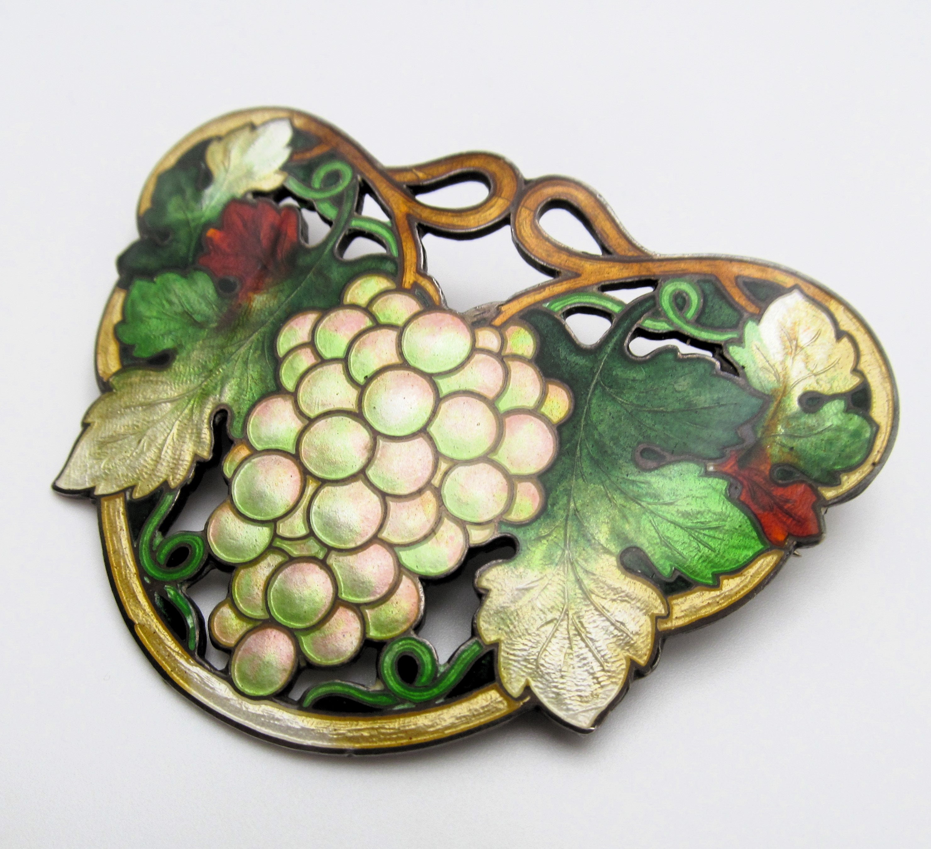 Antique Sterling Silver Cloisonne Grapes Brooch Art Nouveau Enamel Pin ...