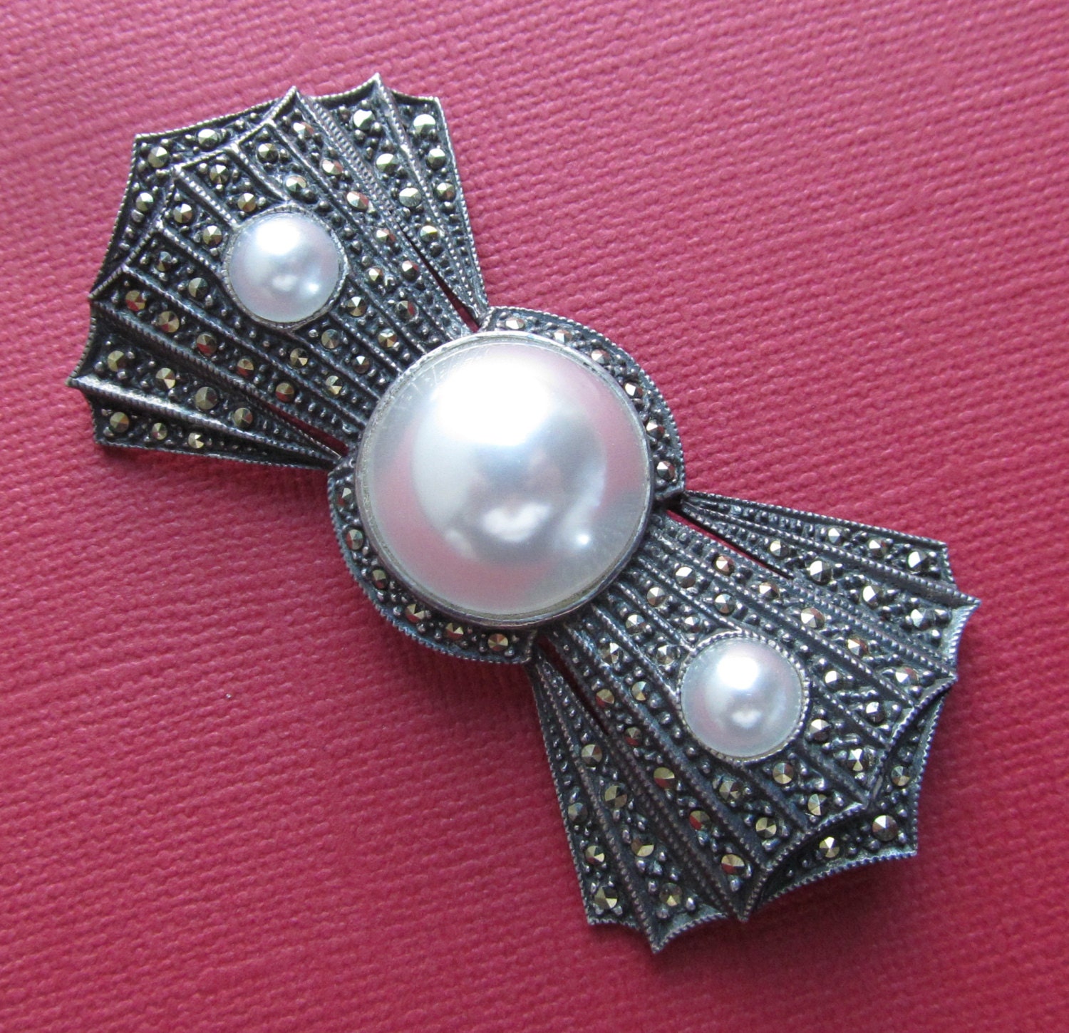 Judith Jack Vintage Bow Brooch Sterling Silver Faux Mabe Pearls and ...