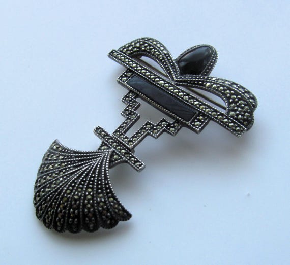 Judith Jack Sterling Black Onyx Art Deco Style Brooch… - Gem