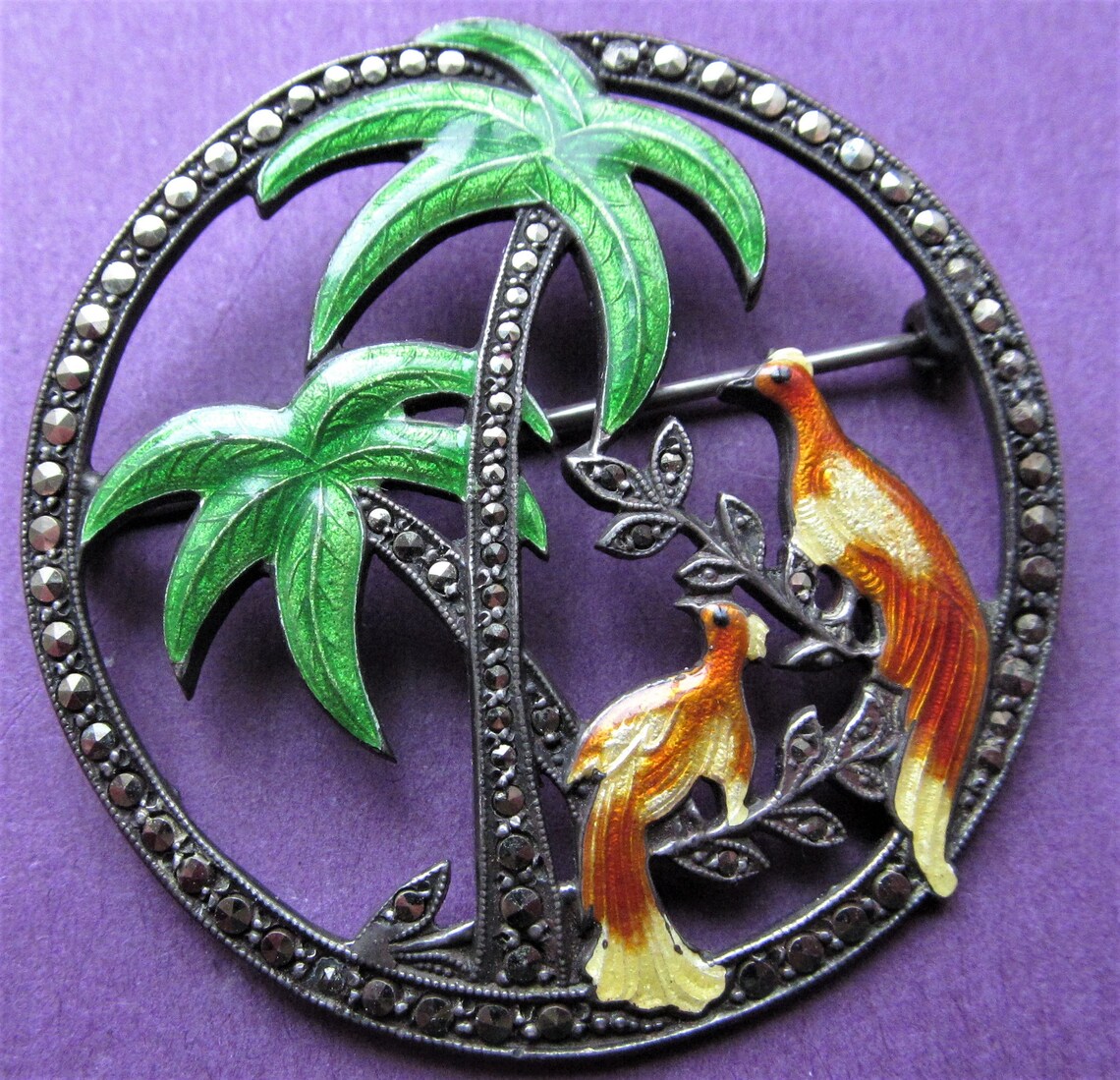 Art Deco Bird Palm Tree Brooch Sterling Silver Enamel Marcasite Antique ...