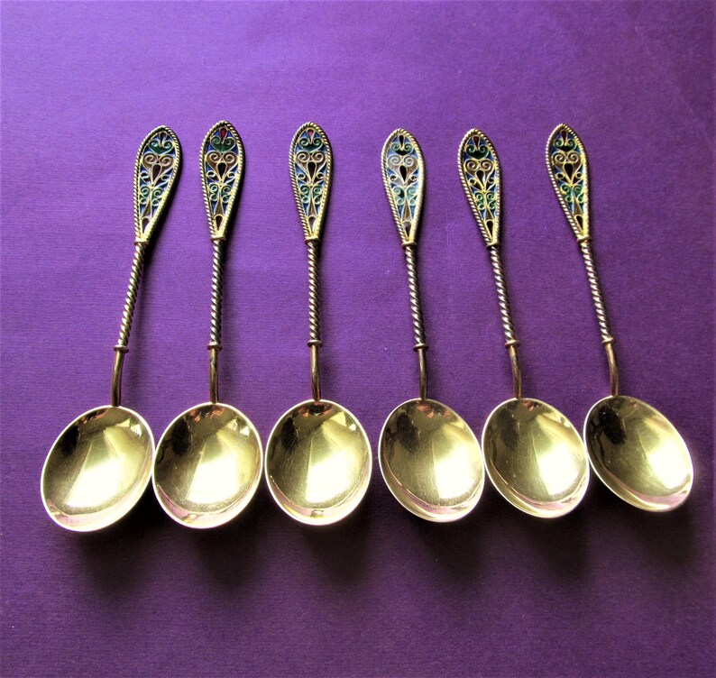 Kjaerland Plique a Jour Sterling Silver Danish Spoons Set of Six Circa ...