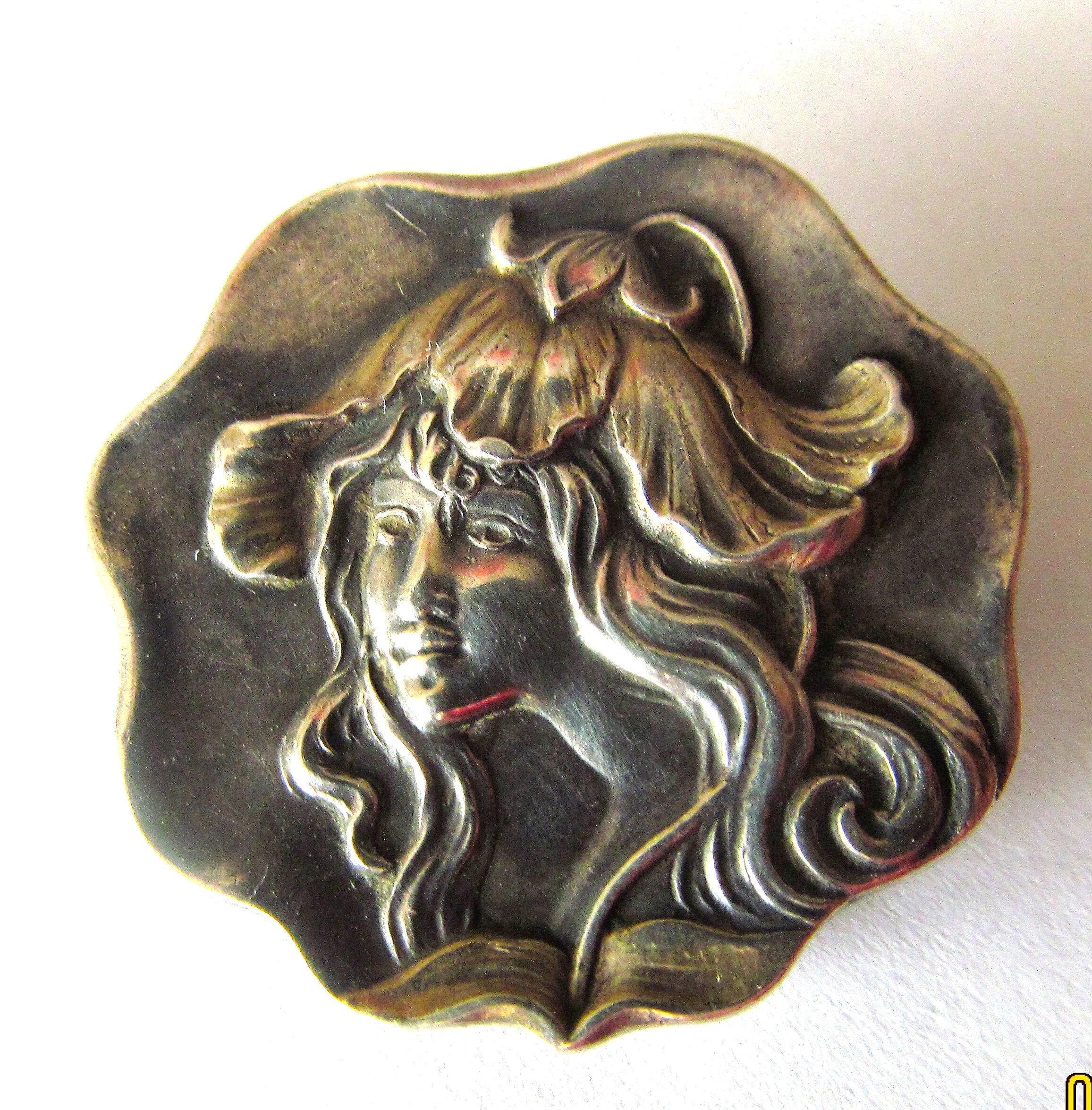 Art Nouveau 900 Silver Girl in A Flower Fob Pin Antique Two Tone Brooch ...