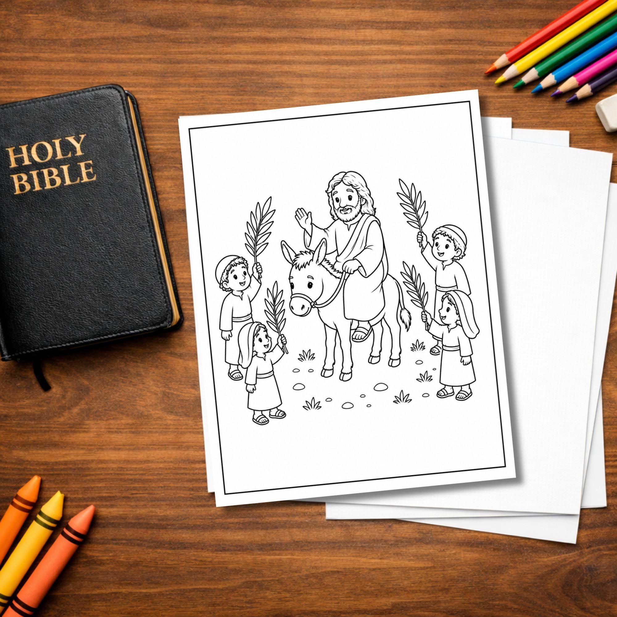 Palm Sunday Coloring Page | Jesus on Donkey Printable | Bible Coloring ...