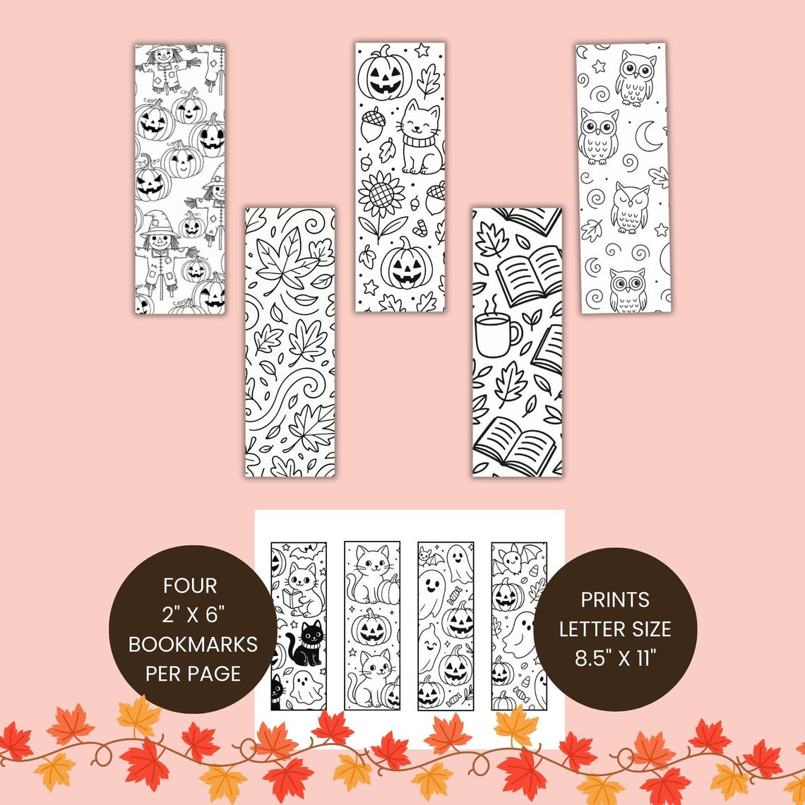Fall & Halloween Coloring Bookmarks for Kids: Printable Autumn Activity ...