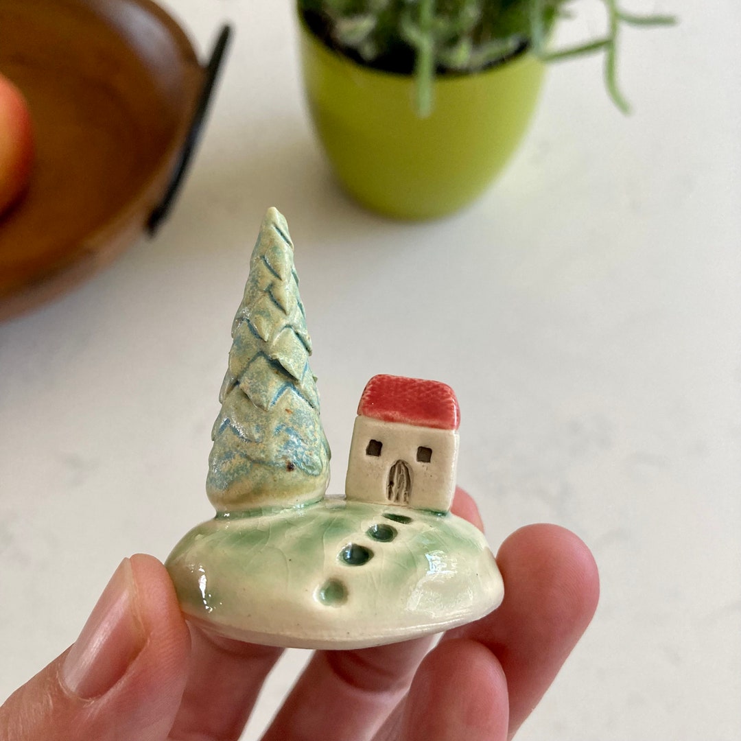 Small Porcelain Sculpture With House, Owl, Tree, Tiny House Clay House ...