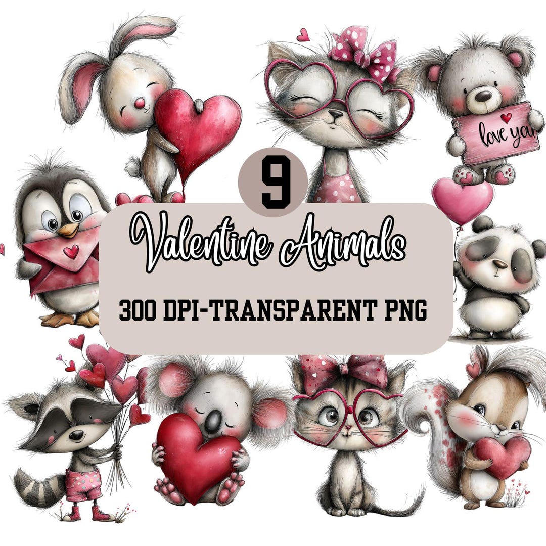 Watercolor Valentine Animals Clipart, Animal PNG Bundle (digital ...