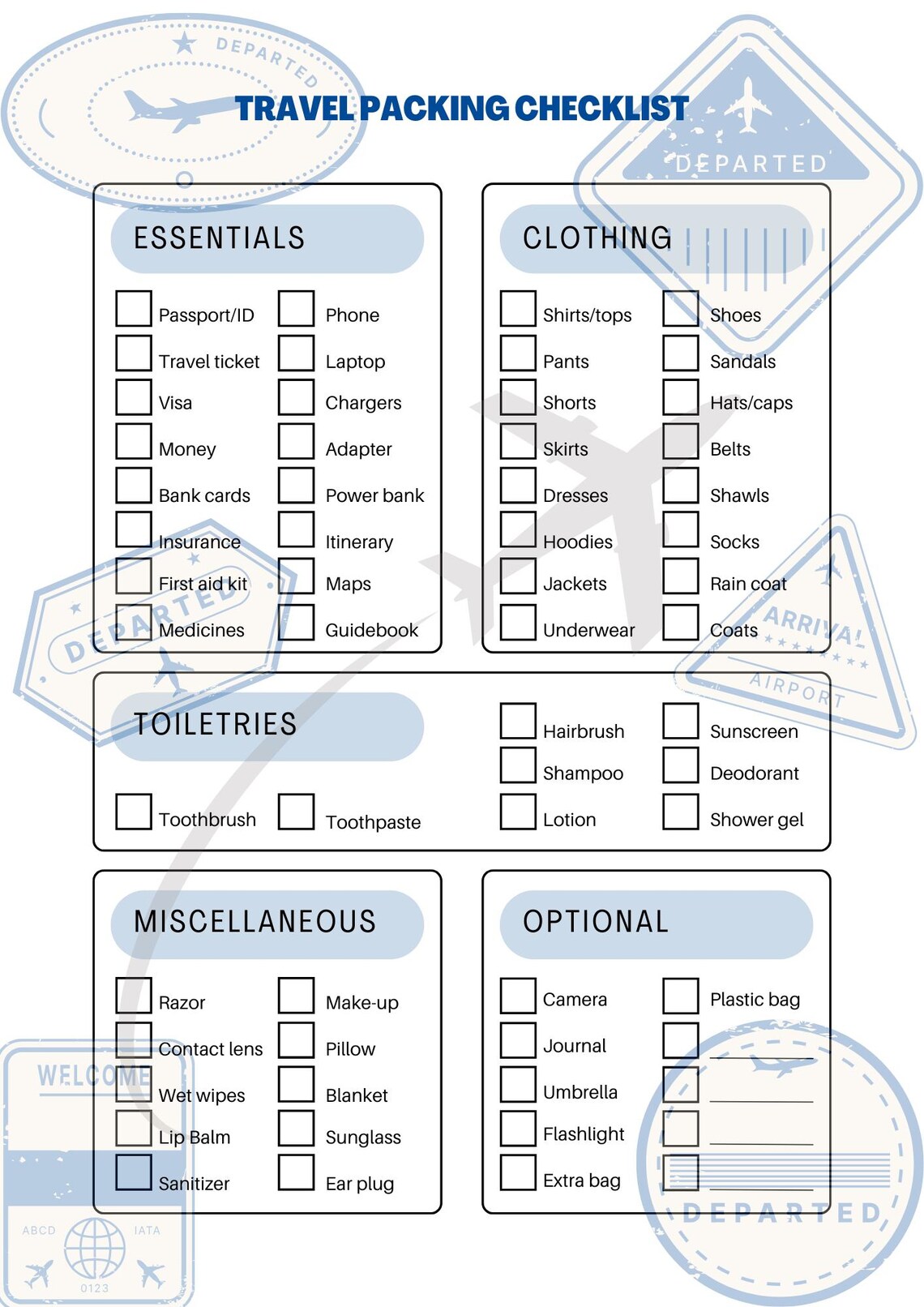 Travel Packing List – Printable Travel Checklist & Vacation Planner ...