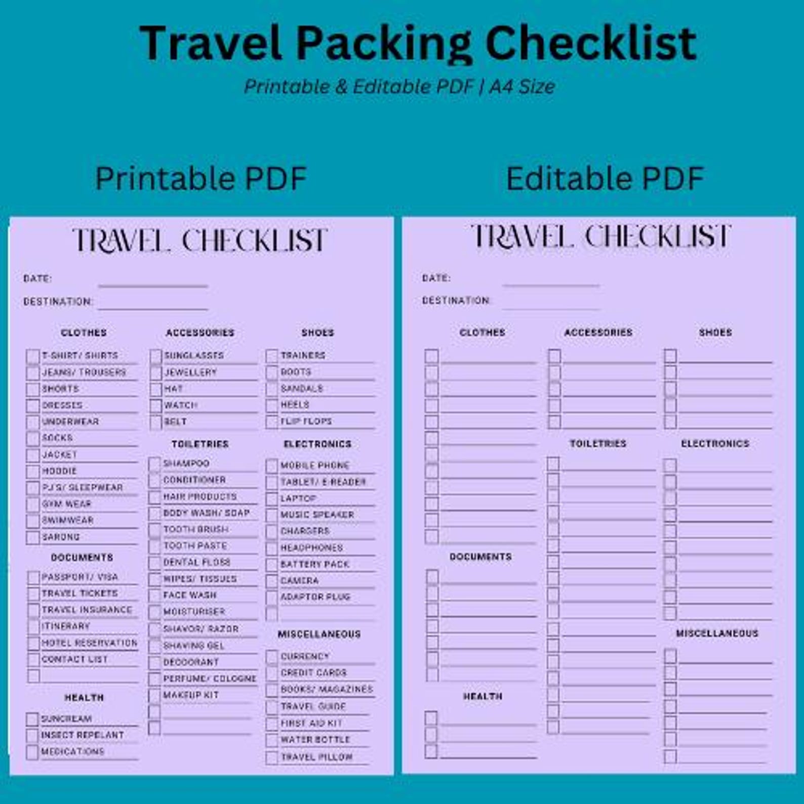 Printable Travel Packing List & Vacation Checklist | Editable Travel ...
