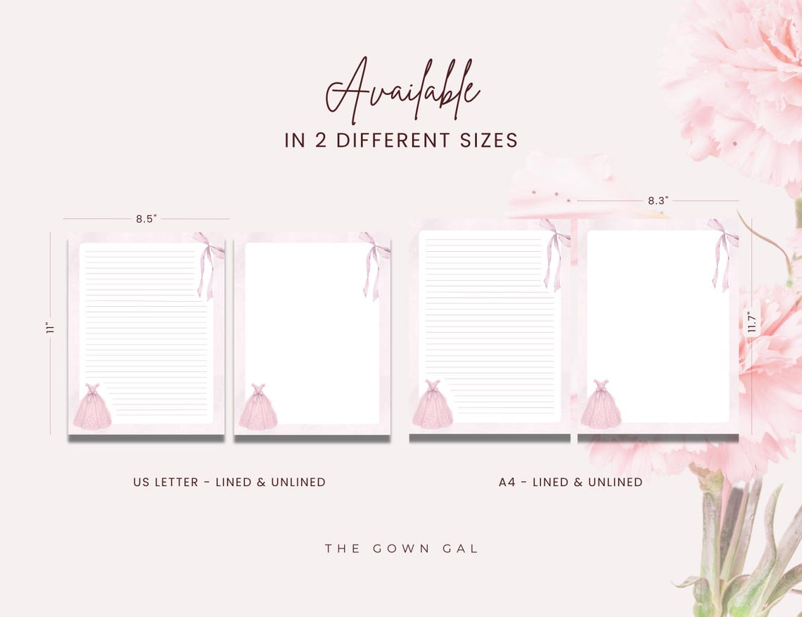 Pink Gown Printable Stationery, Elegant Bow Design, Whimsical ...