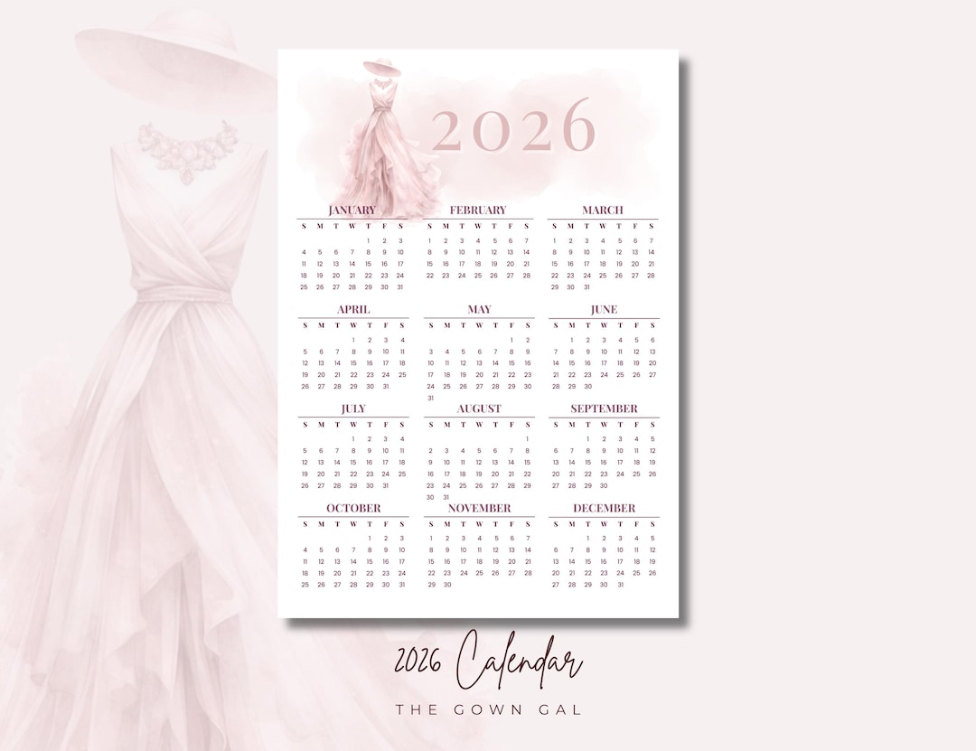 2026 Blush Pink Gown Calendar Printable, Year at a Glance A4 & US ...