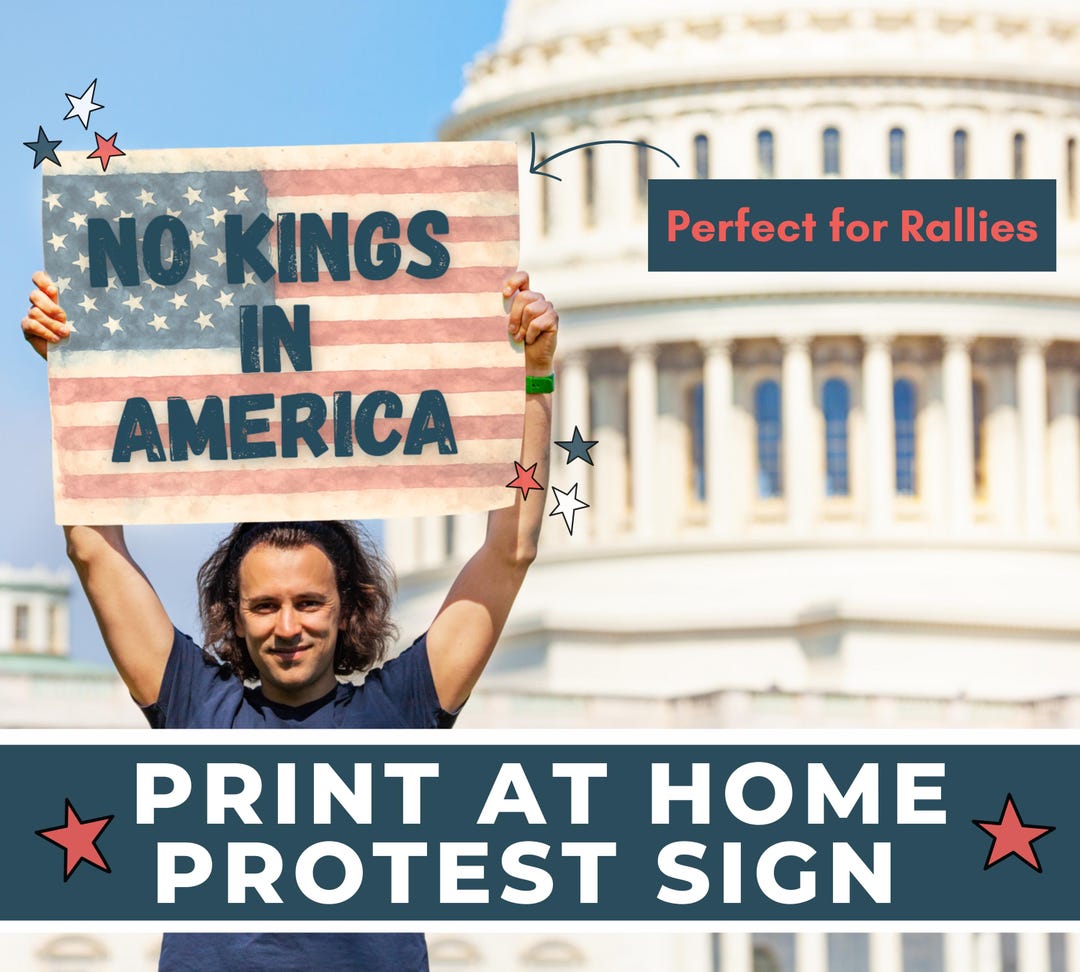 Printable Protest Poster Sign No Kings Anti Trump USA Democracy Yard ...