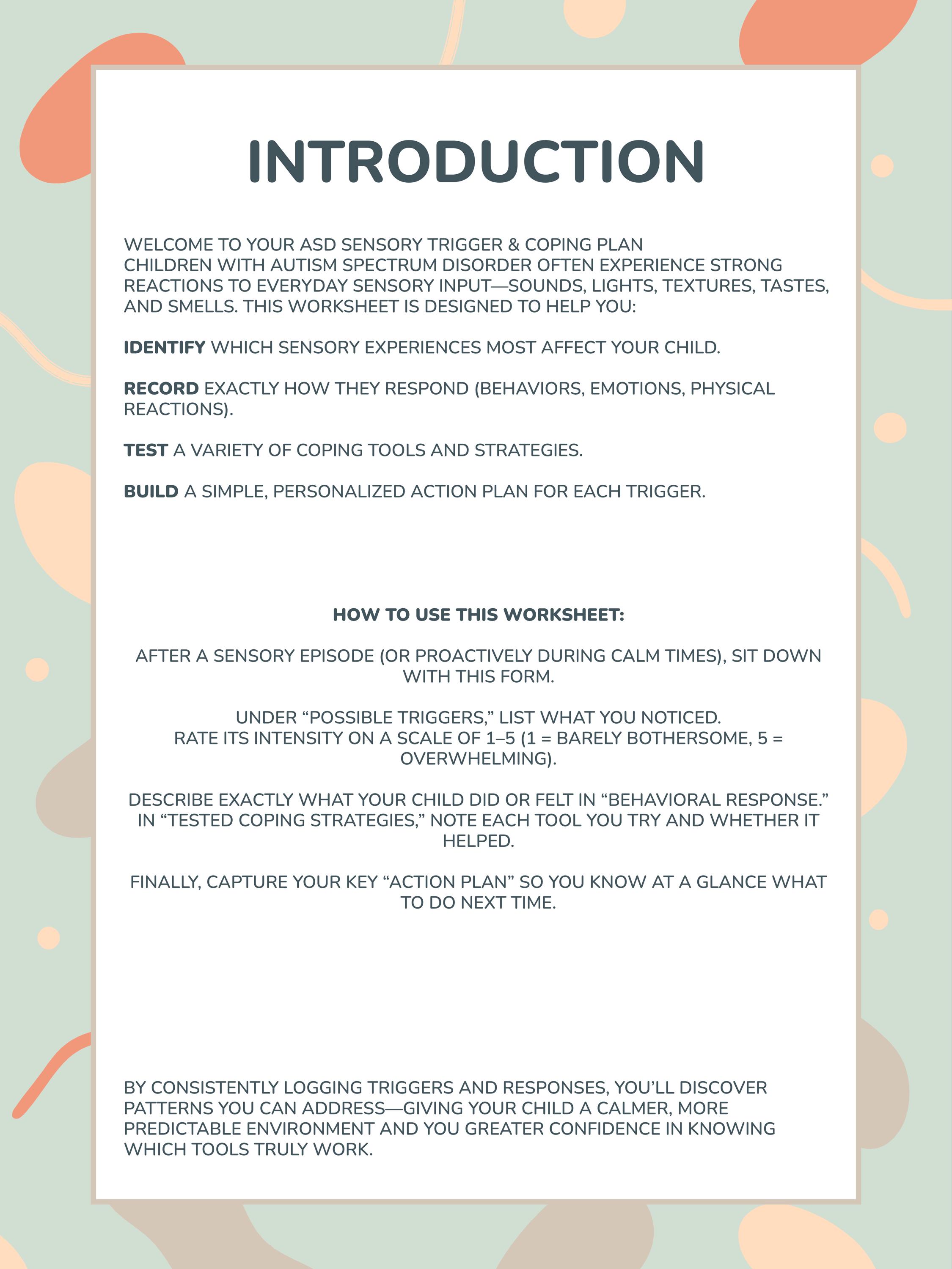 Autism Sensory Trigger Log & Coping Plan • ASD Worksheet PDF - Etsy