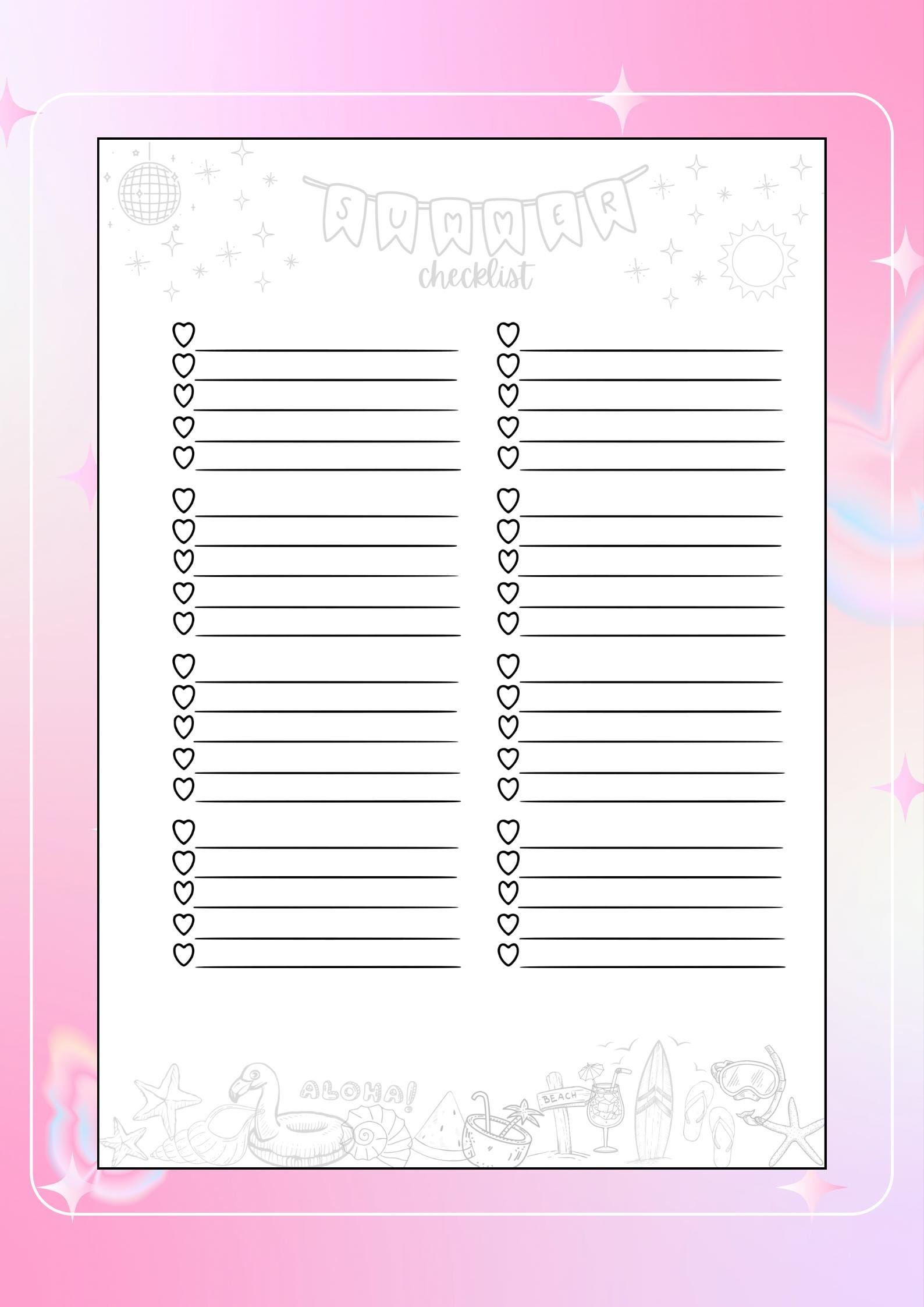 Summer Checklist Coloring Page | Digital Download | Printable Bucket ...