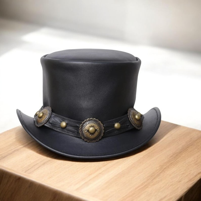 Steampunk Black Leather Top Hat: Brass Conchos, Gothic Cosplay - Etsy ...