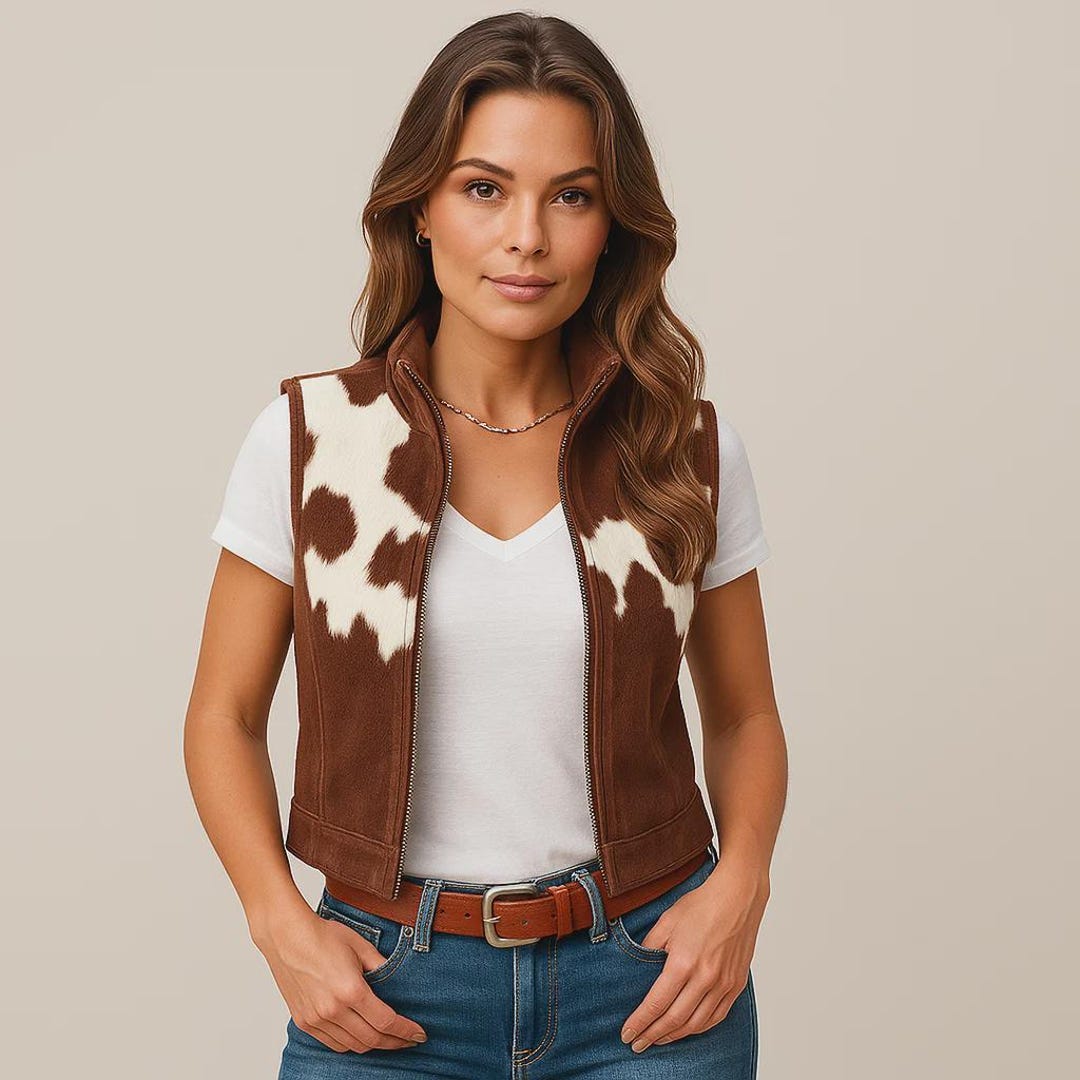 Cow Print Suede Vest: Women's Western Rodeo Style Handmade Waistcoat - Etsy