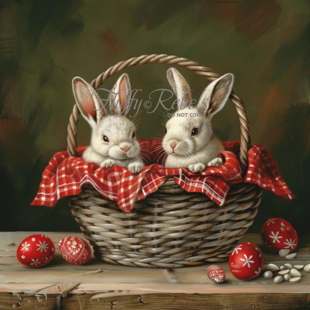 Vintage Easter Bunny Art Print – Rustic Basket With Red Gingham Eggs ...