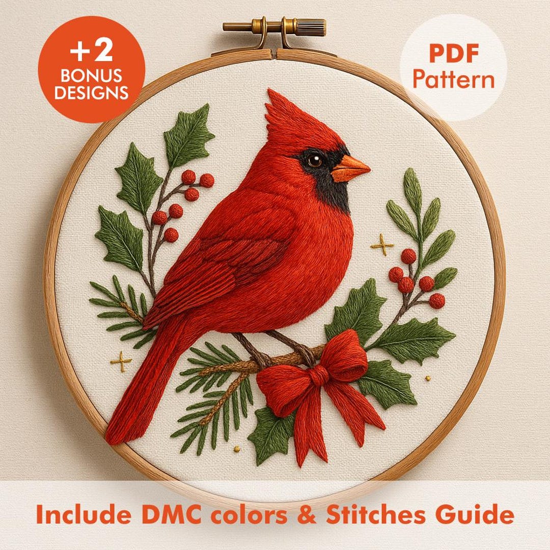 Cardinal Bird Embroidery Pattern PDF | Christmas Red Cardinal Hoop Art ...