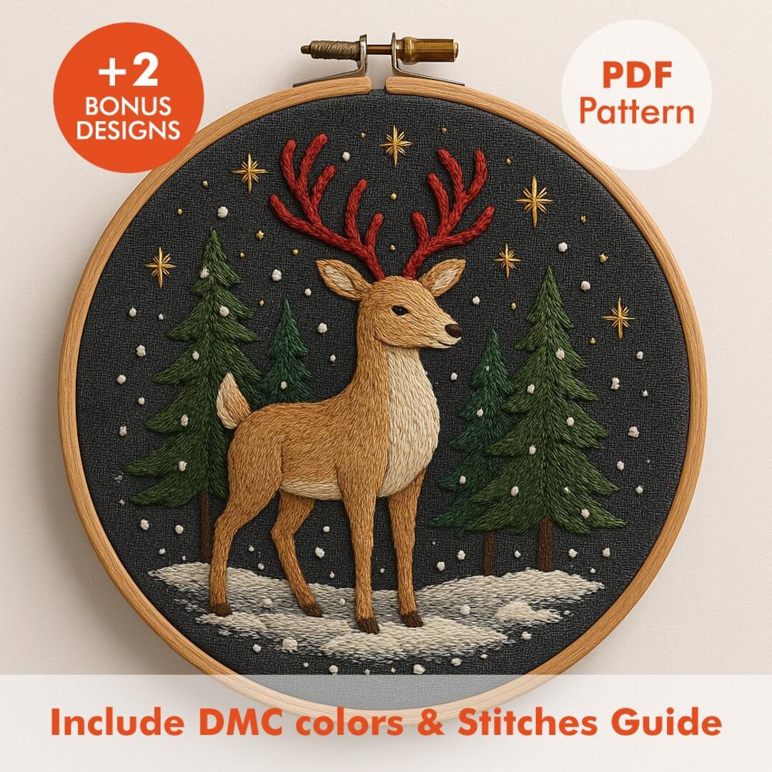 Reindeer Christmas Embroidery Pattern PDF | Winter Forest Deer Hoop Art ...