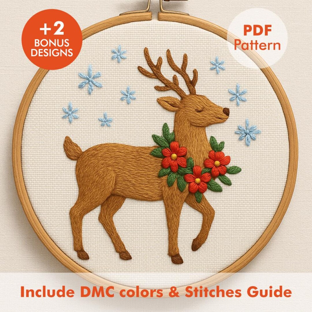 Christmas Reindeer Embroidery Pattern PDF – Elegant Deer With Floral ...