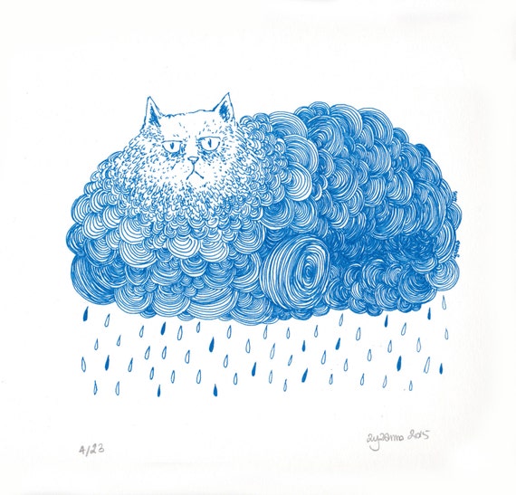 Grumpy Rainy Cat Cloud in Blue Screen Print | Etsy