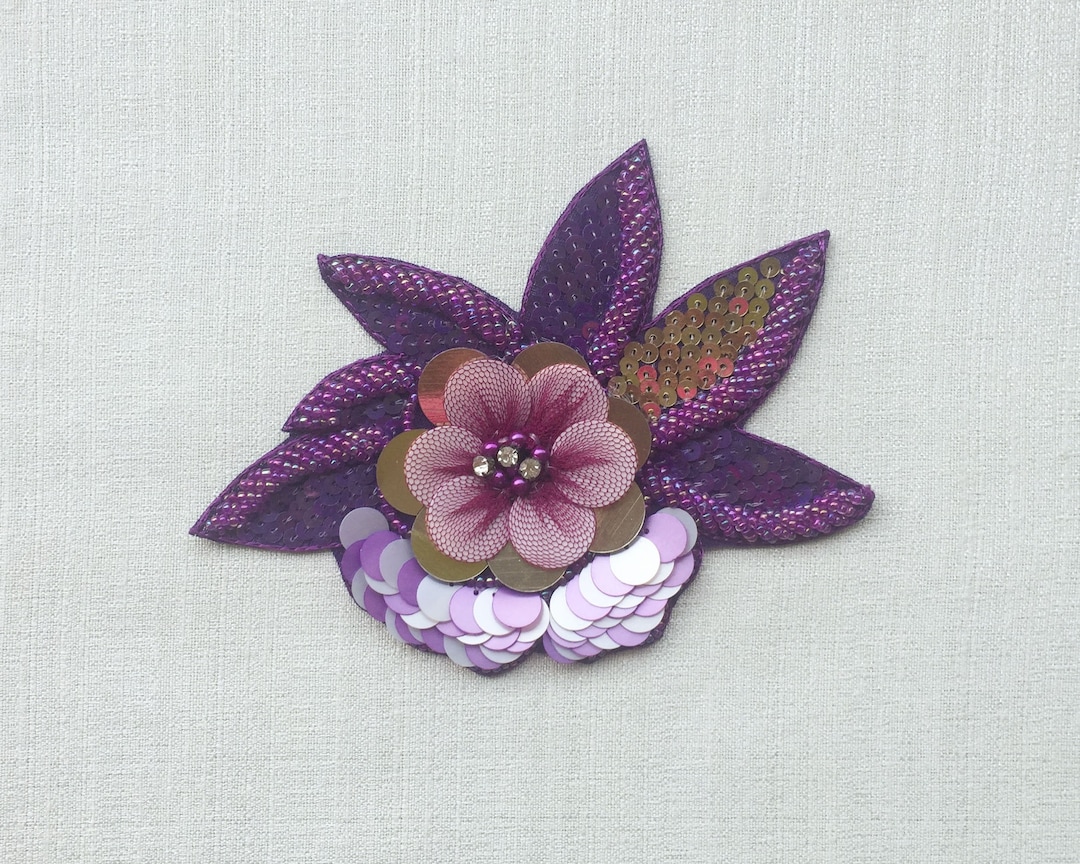 Purple Patches, Stone, Floral Embroidery, Bead Applique, Sequin Motif ...