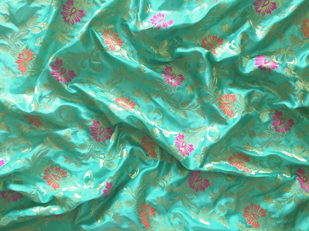 Indian Brocade Fabric, Floral Pattern, Bright Sea Green Brocade ...