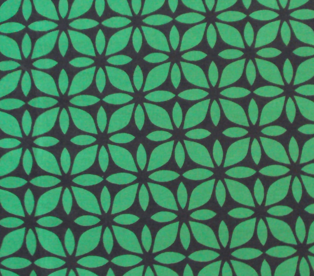 Green Geometric Floral Pattern on Black Fabric - Hand Printed Cotton ...