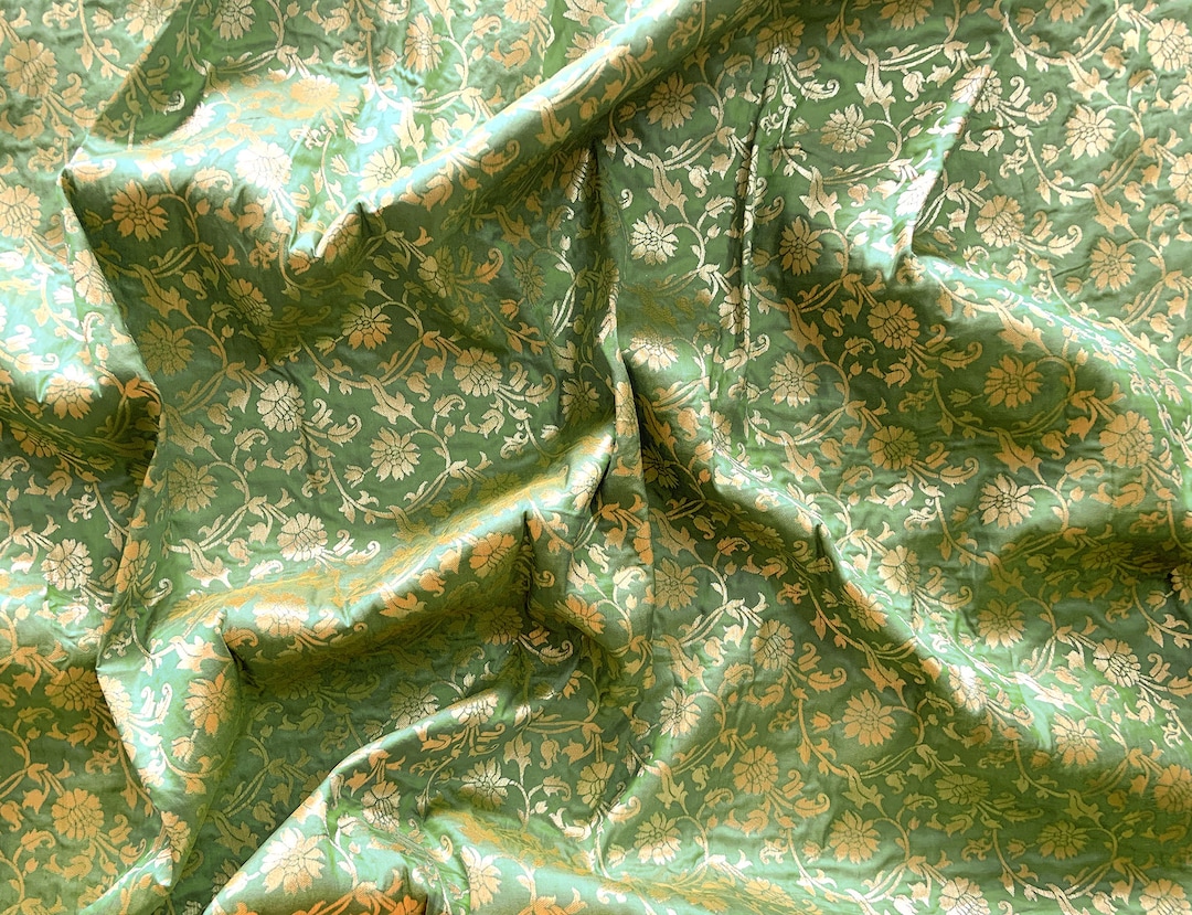 Indian Brocade Fabric, Light Green Brocade With Gold Floral Pattern ...