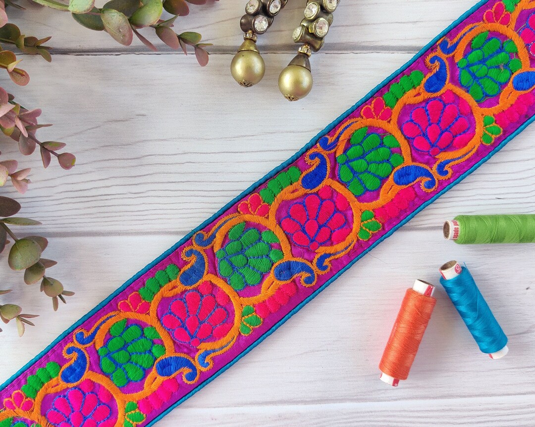 Magenta Lace, India Design Lace, Green and Pink Threadwork, Floral ...