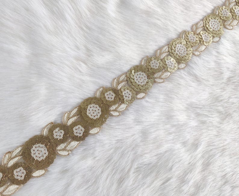 Indian Lace, off White, Golden Border, Floral, Trim by the Yard, Craft ...