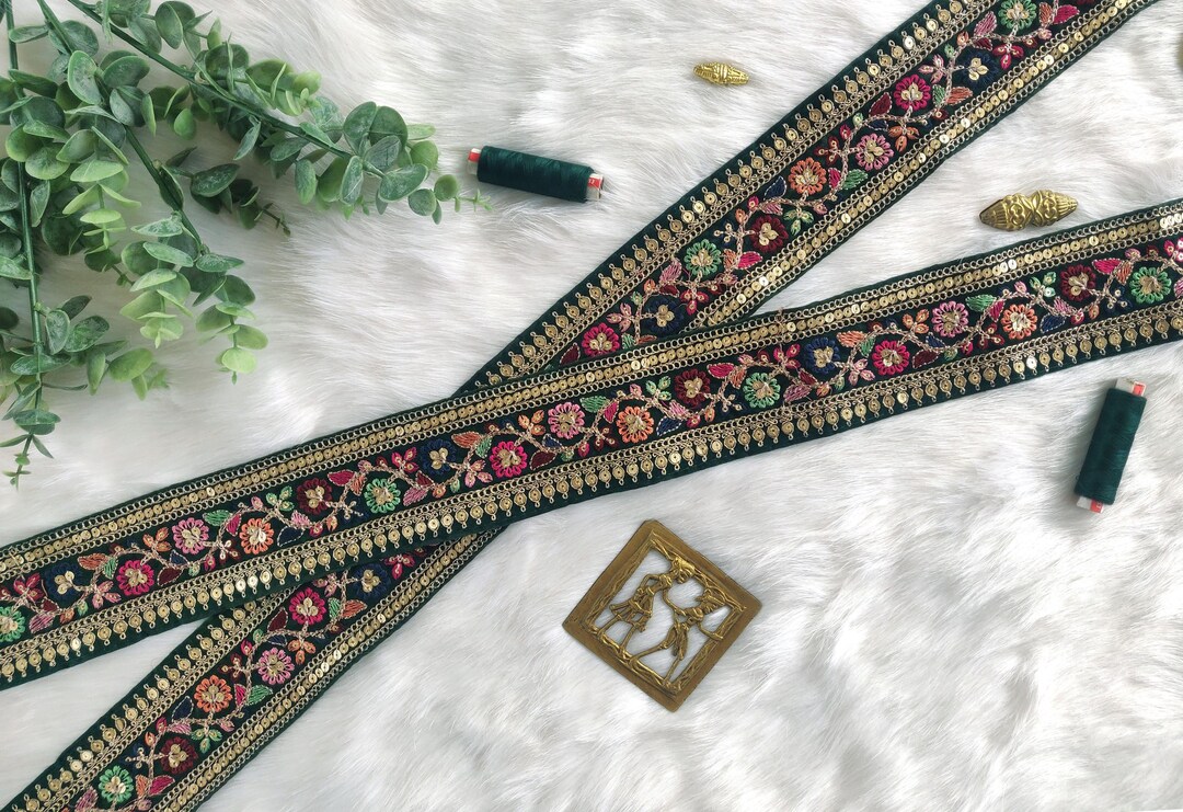 Dark Green Trim, Indian Trim by the Yard, Saree Border, Embroidered ...