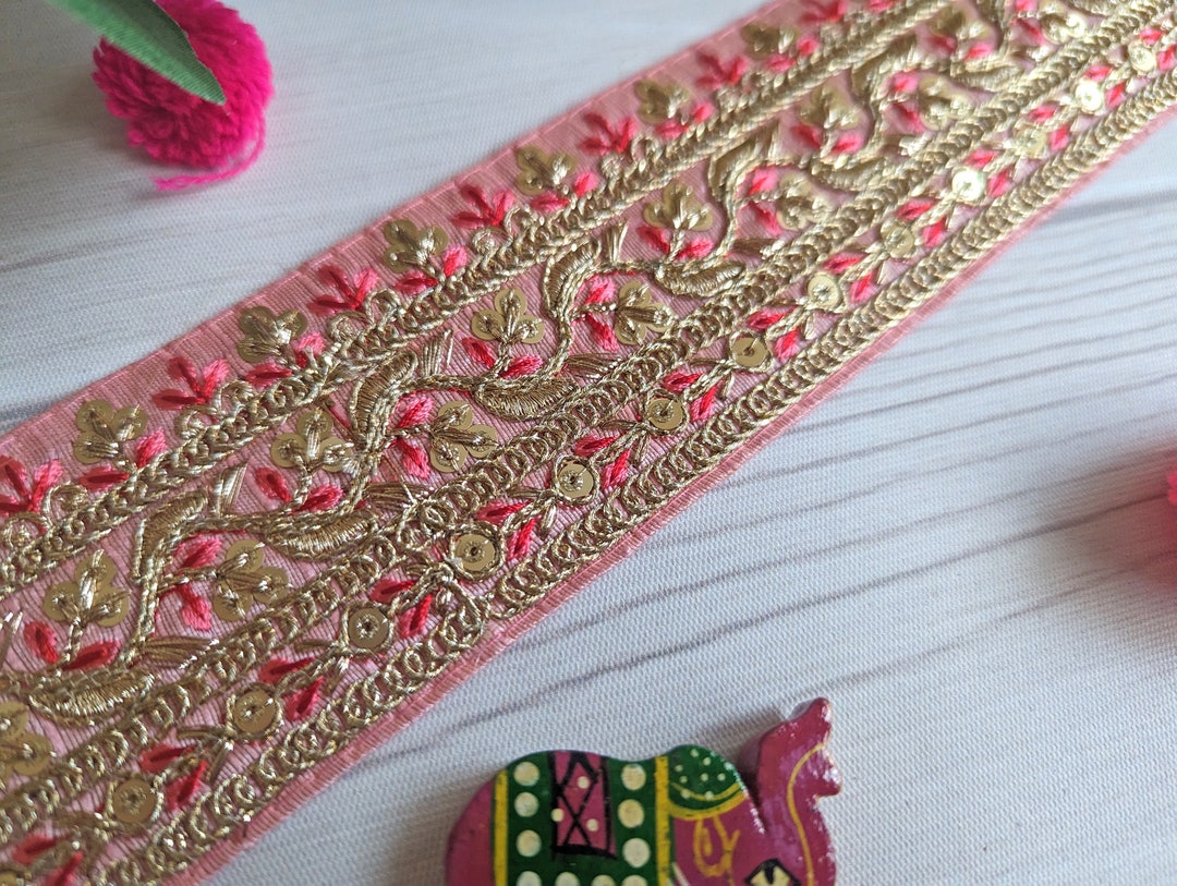 Pink Lace, Gold Sequins, Saree Border, Indian Design Lace, Pink Thread ...