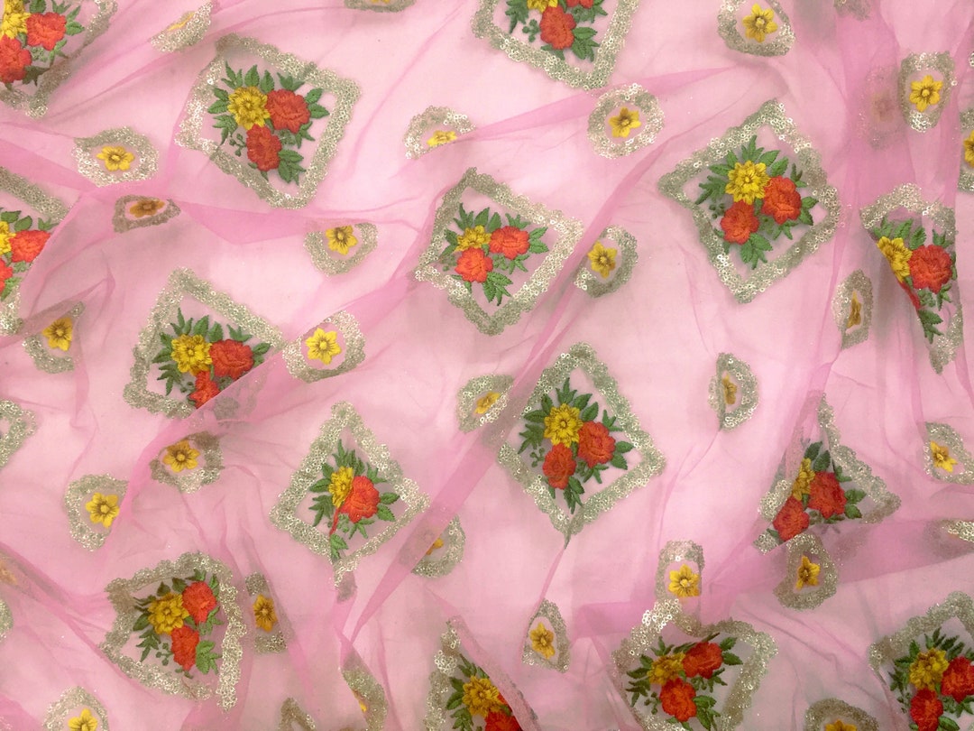Embroidered Net/mesh Fabric, Indian Net/mesh Fabric, Pink Net Fabric ...