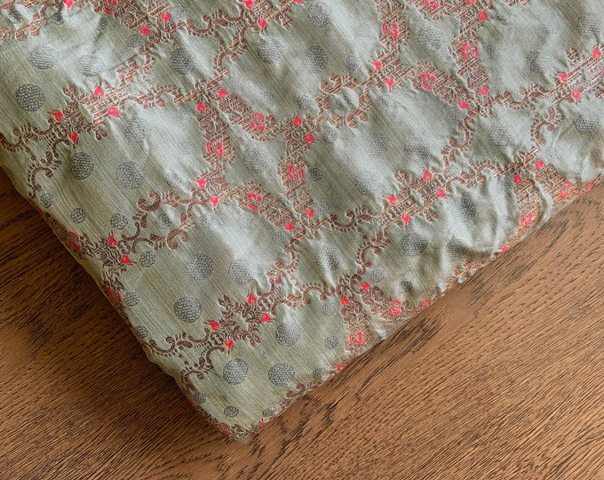 Brocade Fabric, Grey and Beige Brocade With Red and Copper, Banarasi ...
