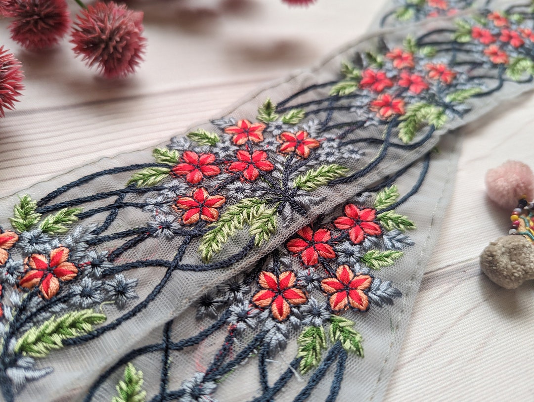 India Laces, Embroidered, Indian Trim by the Yard, Grey Net Lace, Boho ...
