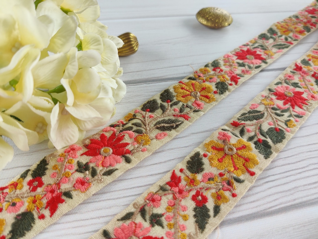 Indian Fabric Trim, Embroidered Ribbon, Multicolour Ribbon, Floral ...