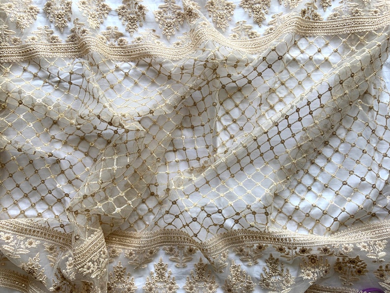 Indian Embroidered Fabric Cream Net Fabric With Beige and - Etsy