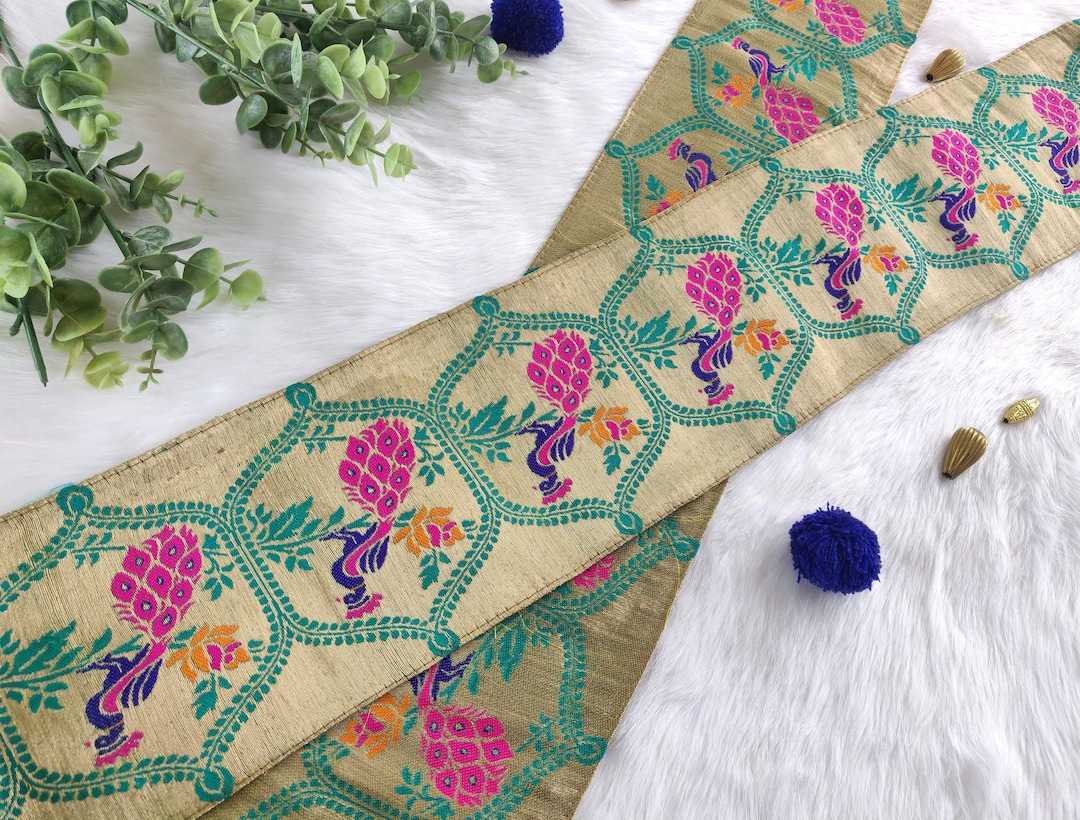 Indian Fabric Trim, Jacquard Lace, Peacock Motif, Geometrical Pattern ...