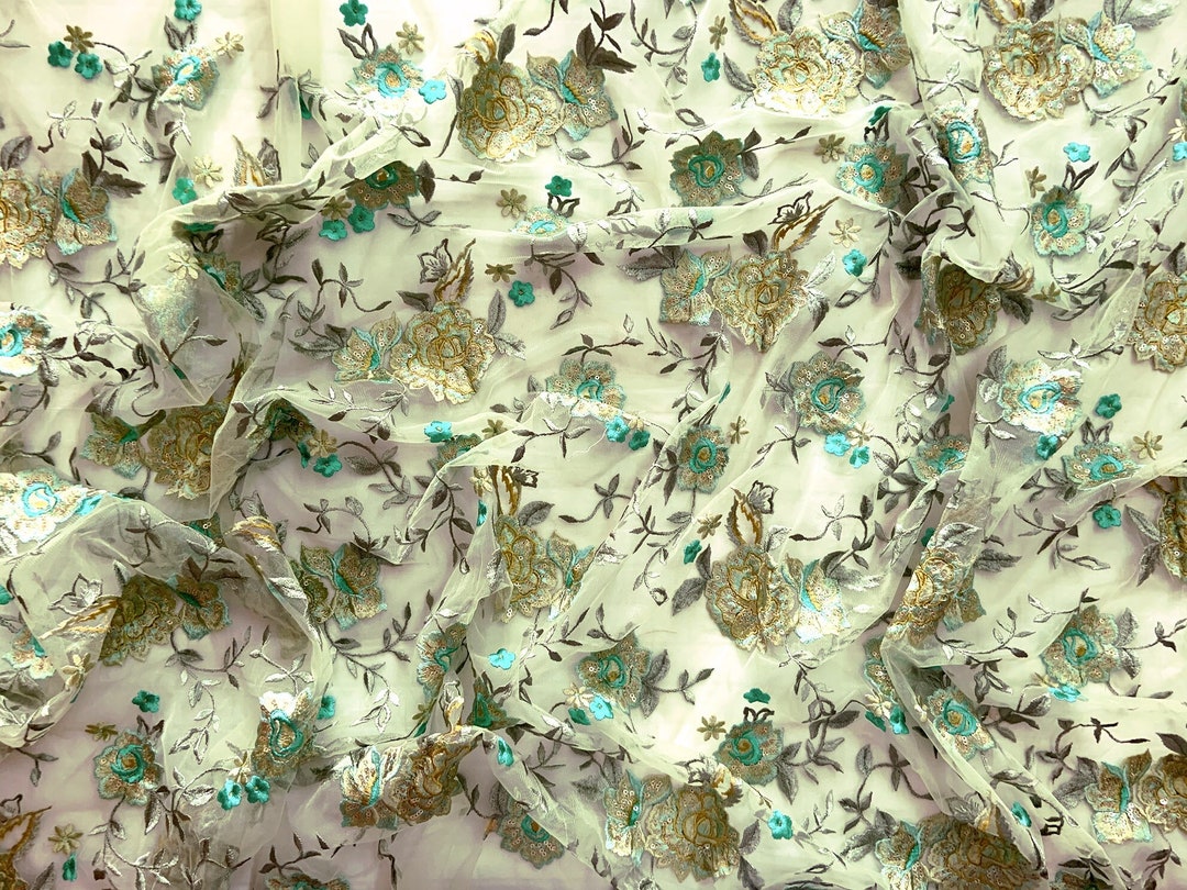 Indian Embroidered Fabric, Dress Material, Light Green Net Fabric ...