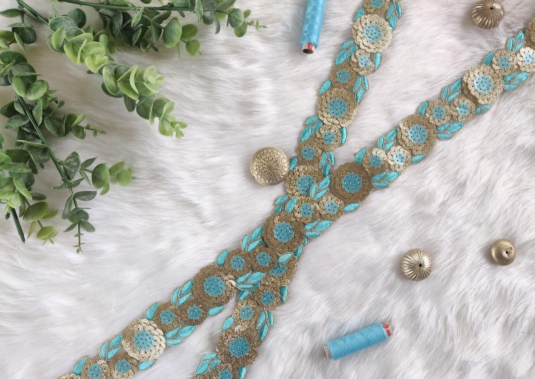Golden Embroidery, Indian Lace, Cyan, Saree Border, Floral, Trim by the ...
