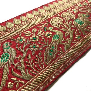 Red Jacquard Trim, Elephant Peacock Parrot Pattern, Indian Saree Border ...