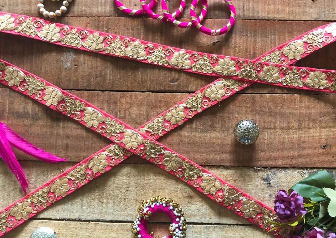 Indian Lace, Dull Pink Lace Border, Buta Embroidery, Gold Sequins ...