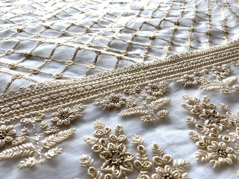 Indian Embroidered Fabric Cream Net Fabric With Beige and - Etsy