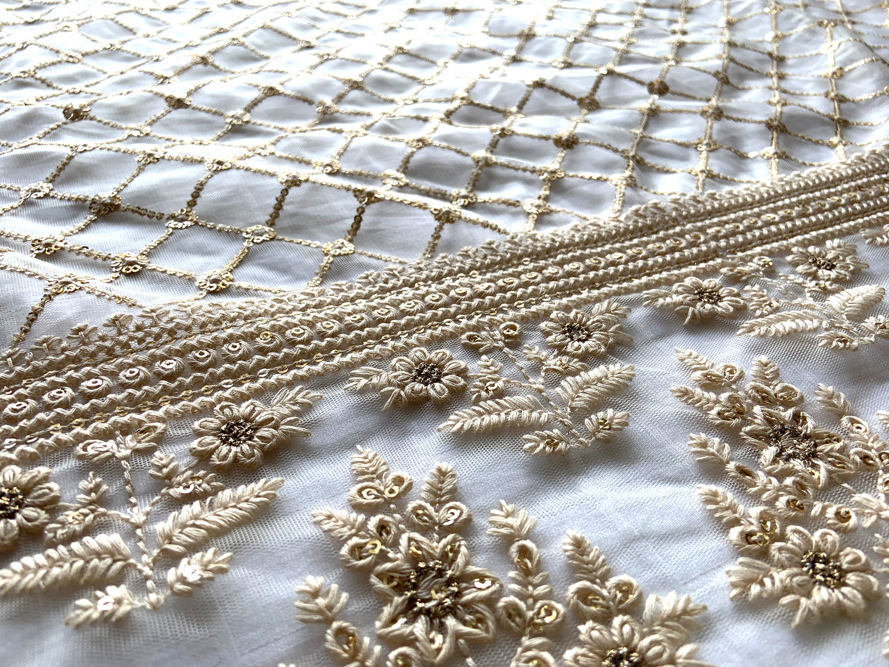 Indian Embroidered Fabric Cream Net Fabric With Beige and - Etsy